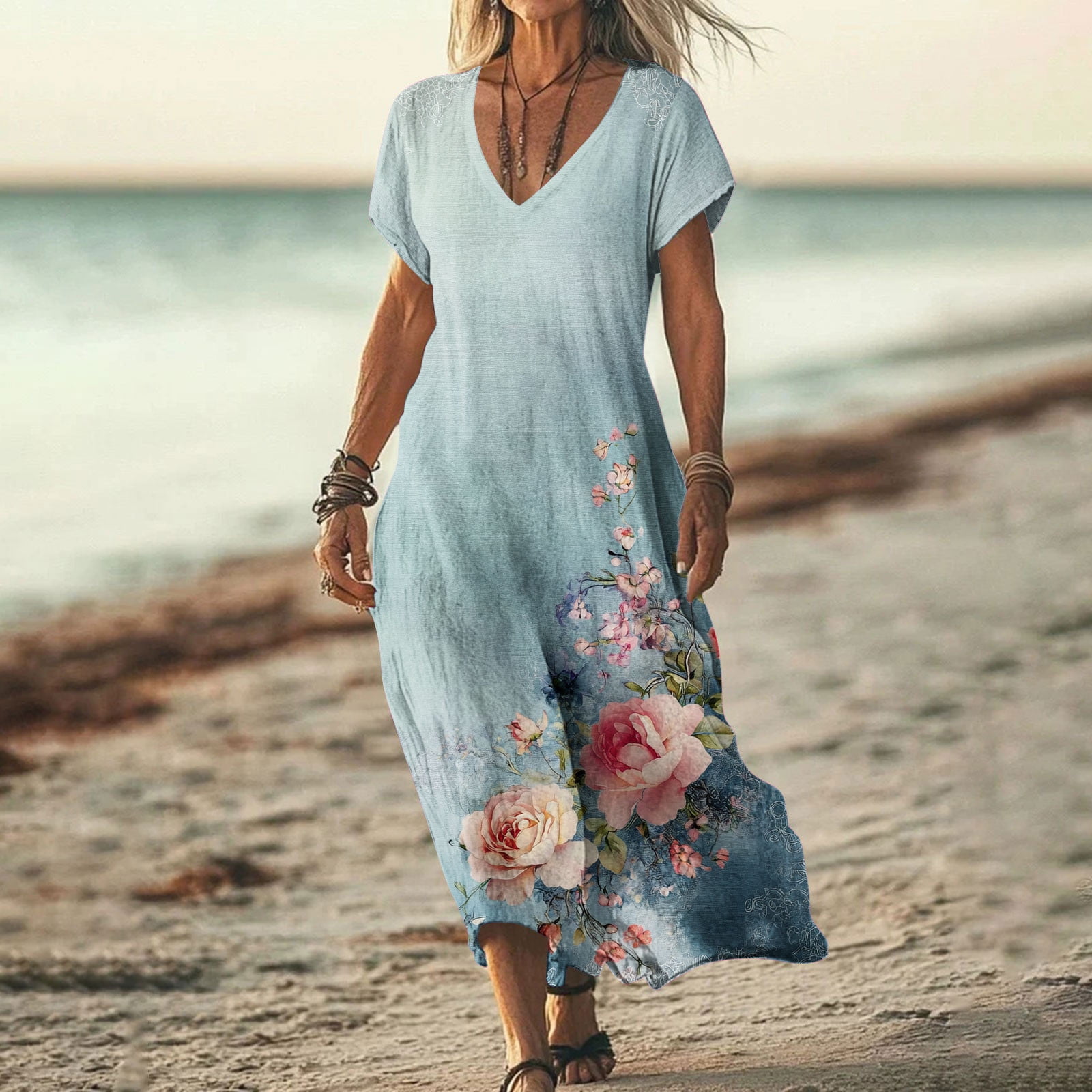 Yteetum Womens Summer Maxi Dresses Boho Maxi Dress Short Sleeve V Neck ...