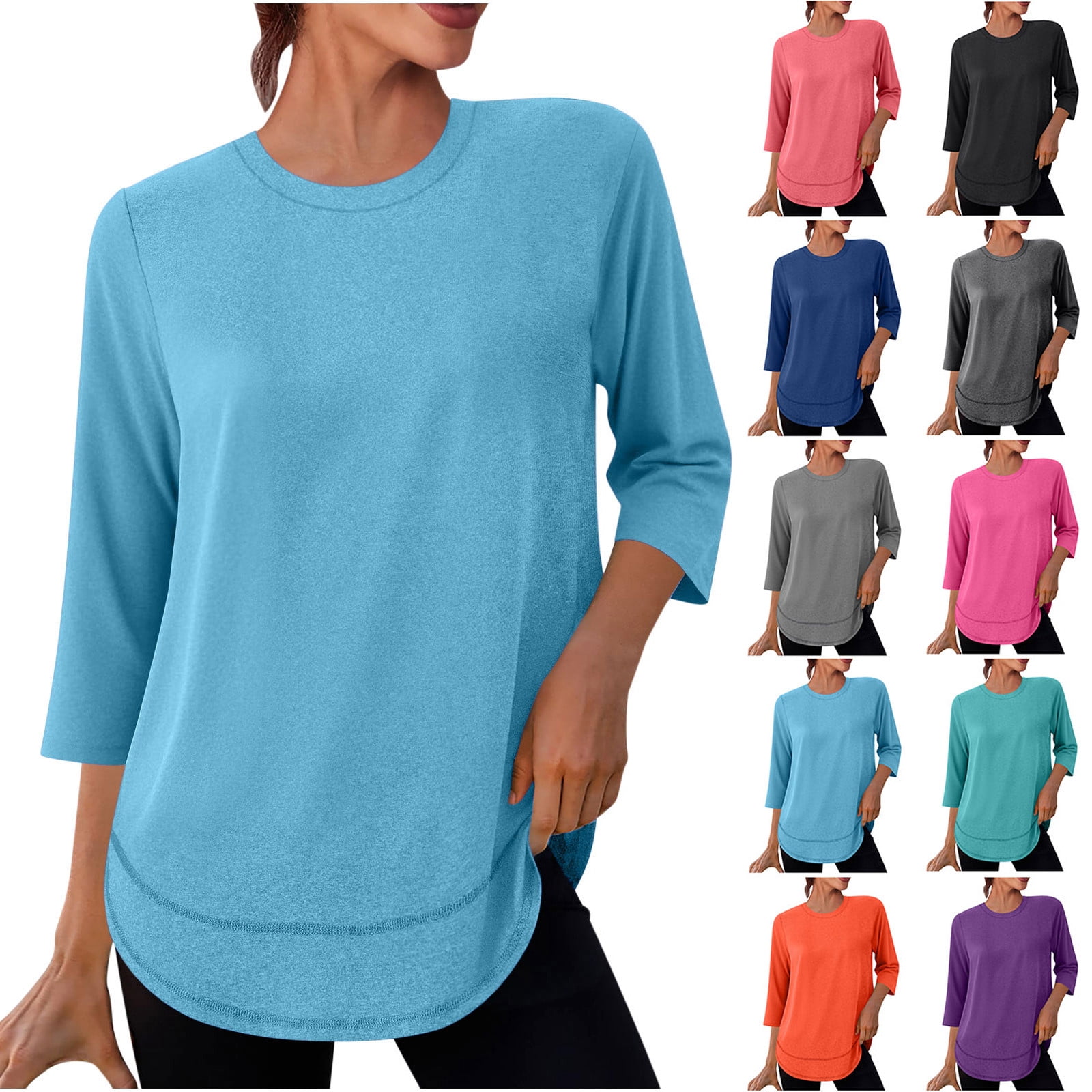 Yteetum Womens Summer Workout Tops 3/4 Sleeve Crewneck Shirts Ladies ...