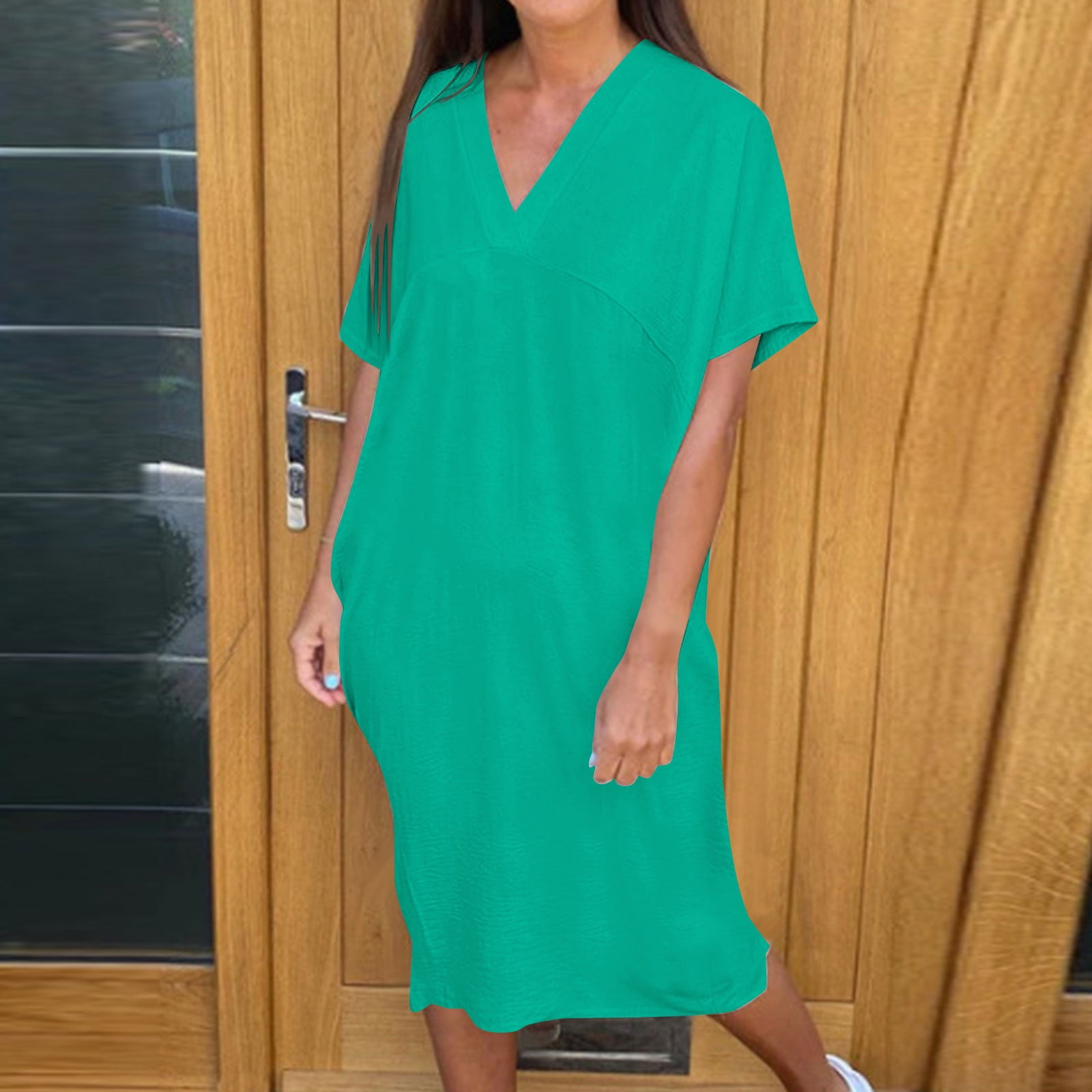 Ytndtr Womens Summer Casual Midi Dresses Short Sleeve V Neck Loose ...