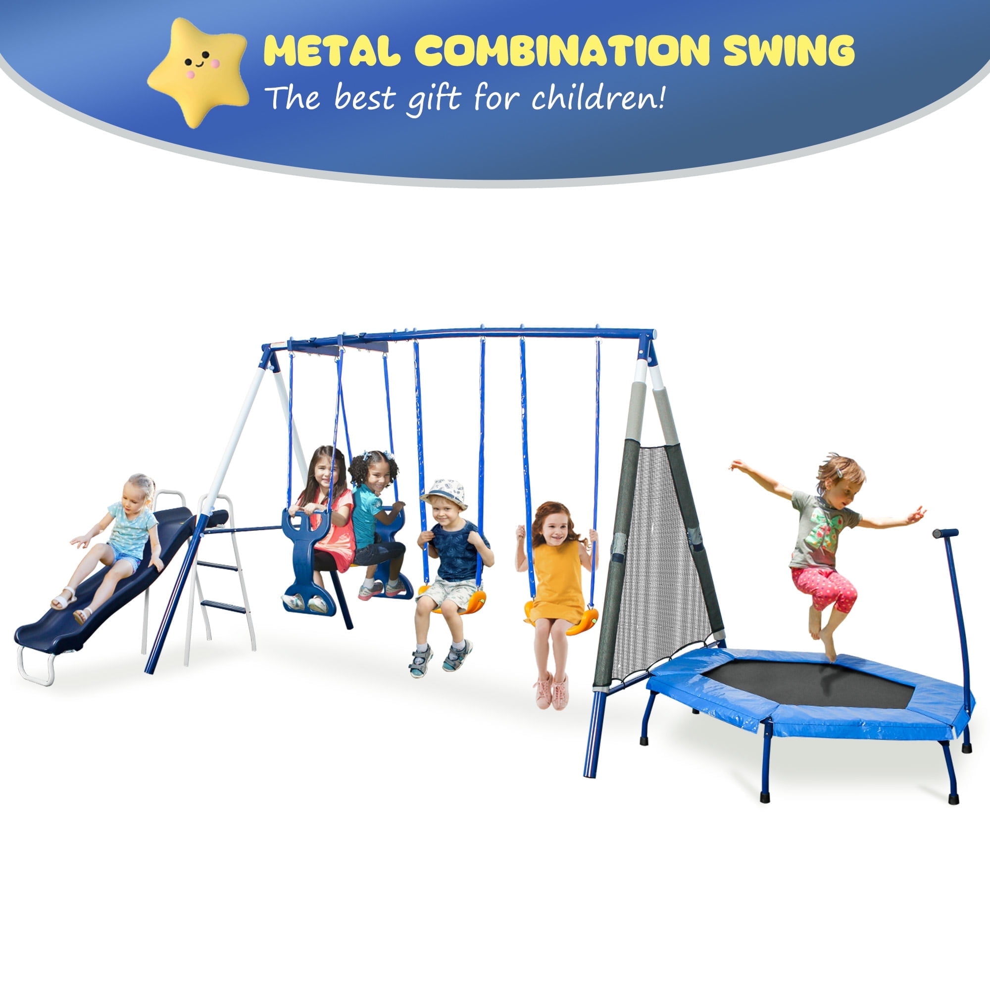 YuAnWe 5 in 1 Swing Set, Slide, Dual Ride Glider, Movable Trampoline ...