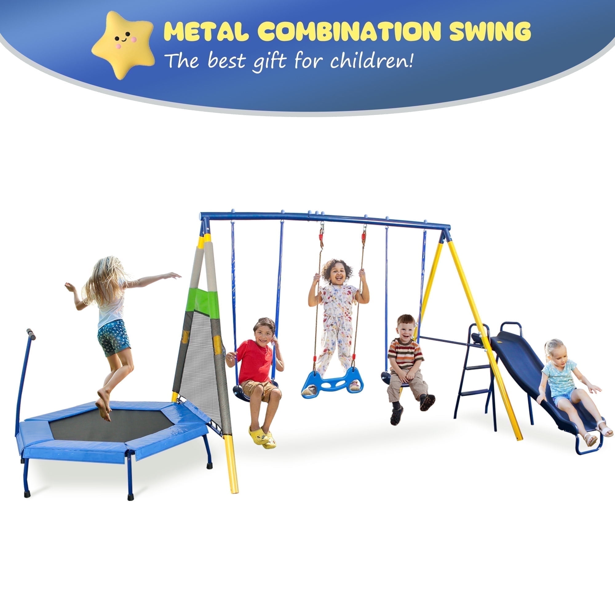 YuAnWe 5 in 1 Swing Set with Slide, Movable Trampoline, Swing Seats and ...