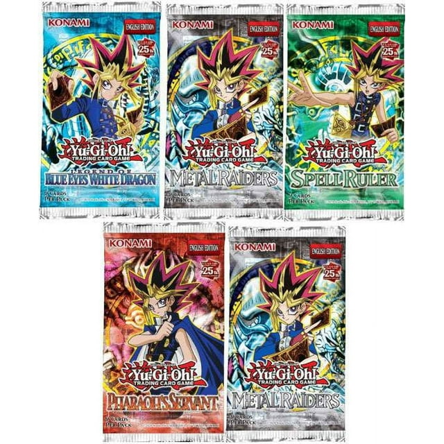 YuGiOh Trading Card Game 25th Anniversary Set of all 5 Booster Packs (Blue Eyes White Dragon ...