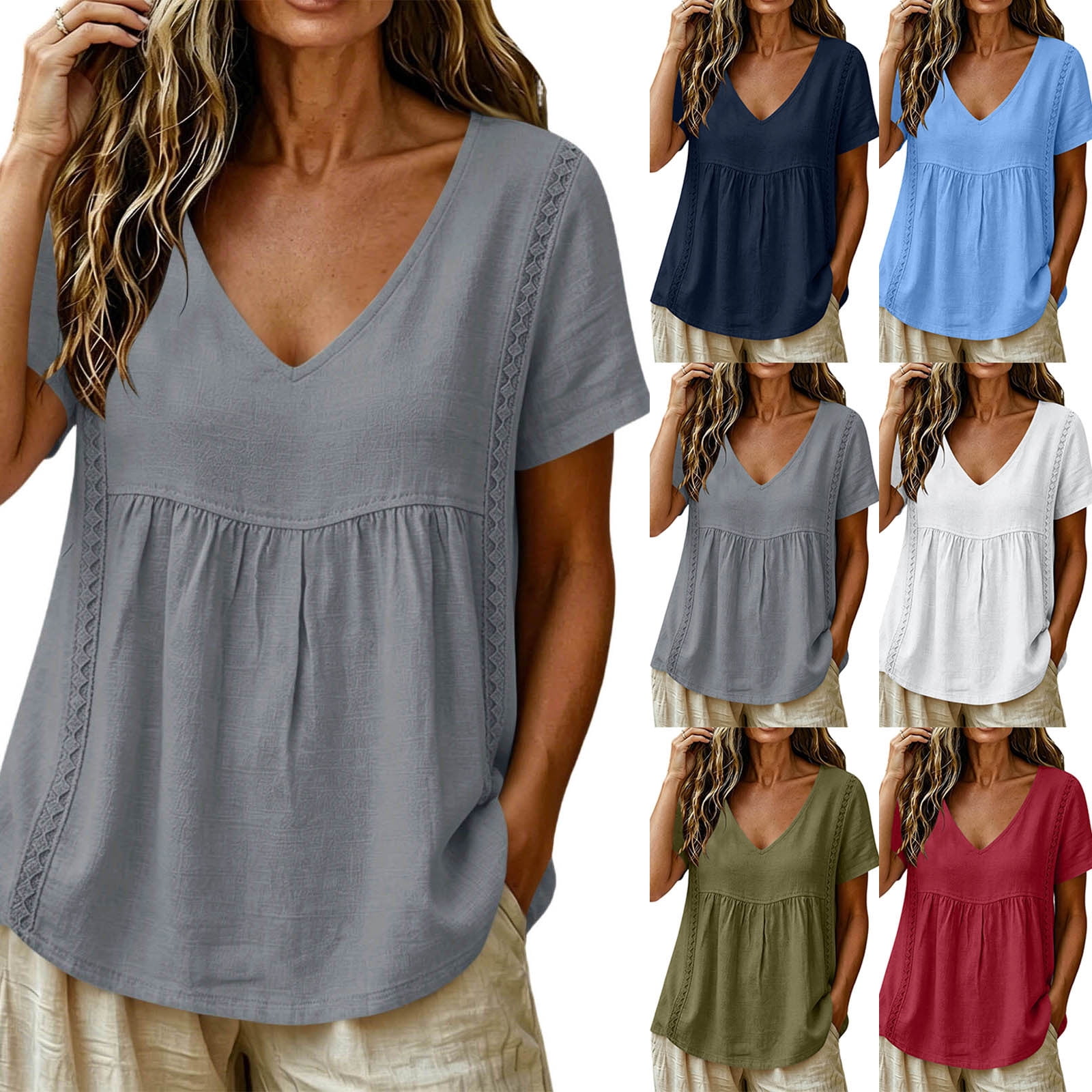 YuXingFu Cotton Tops for Women Trendy V-Neck A-Line Ruffle Trim Short ...