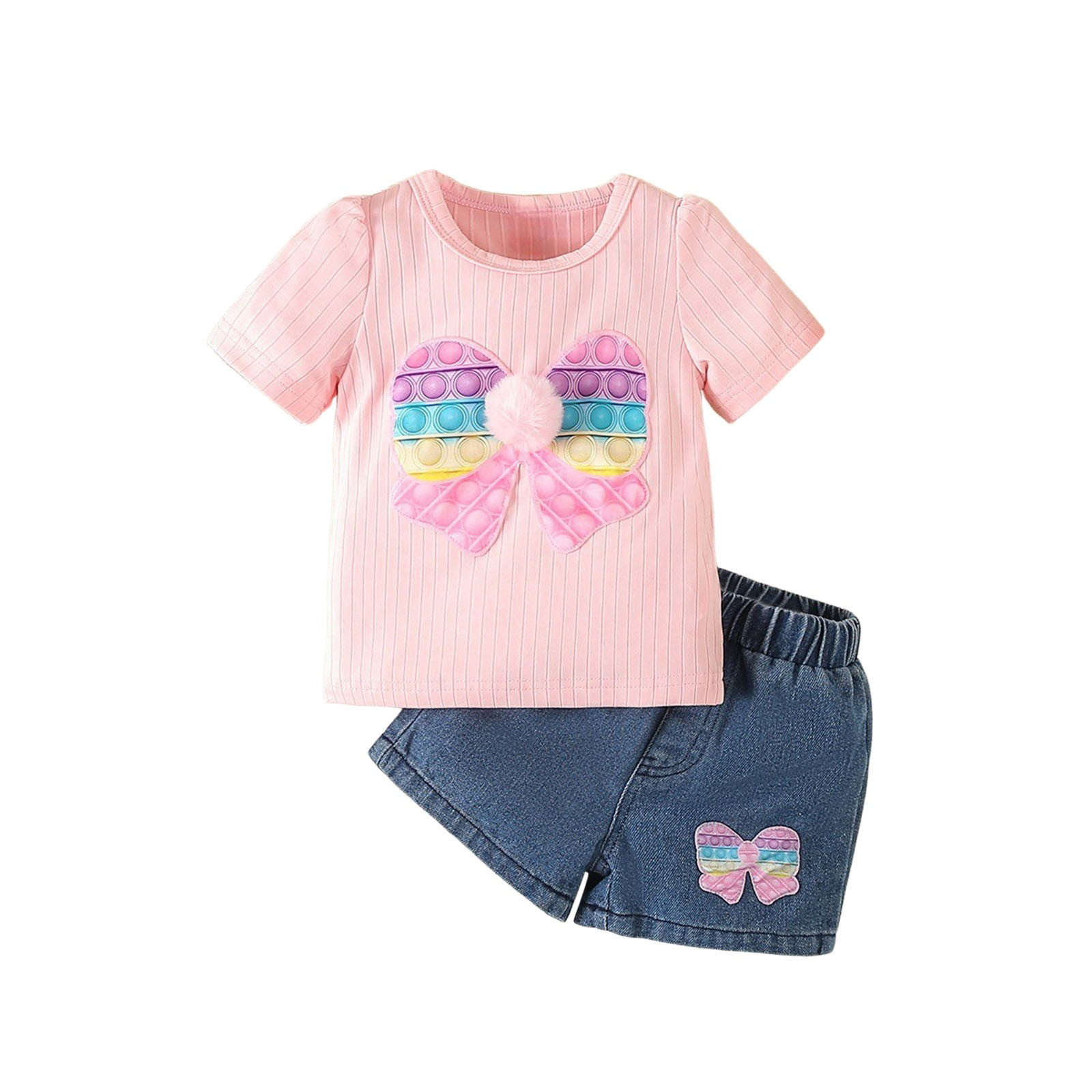 YuYuBao Toddlers Girls Outfits Sets Summer Short Sleeve Bow Patch cartoon Print Tshirts And ...