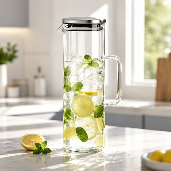 YuanGuangQ Large Capacity Glass Pitcher with Handle and Lid, Heat ...