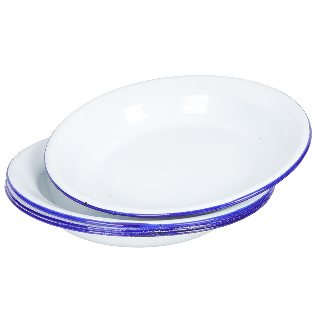 Yuangui 4pcs Enamel Plates Dinner Serving Trays Blue Rim Salad Bowls ...
