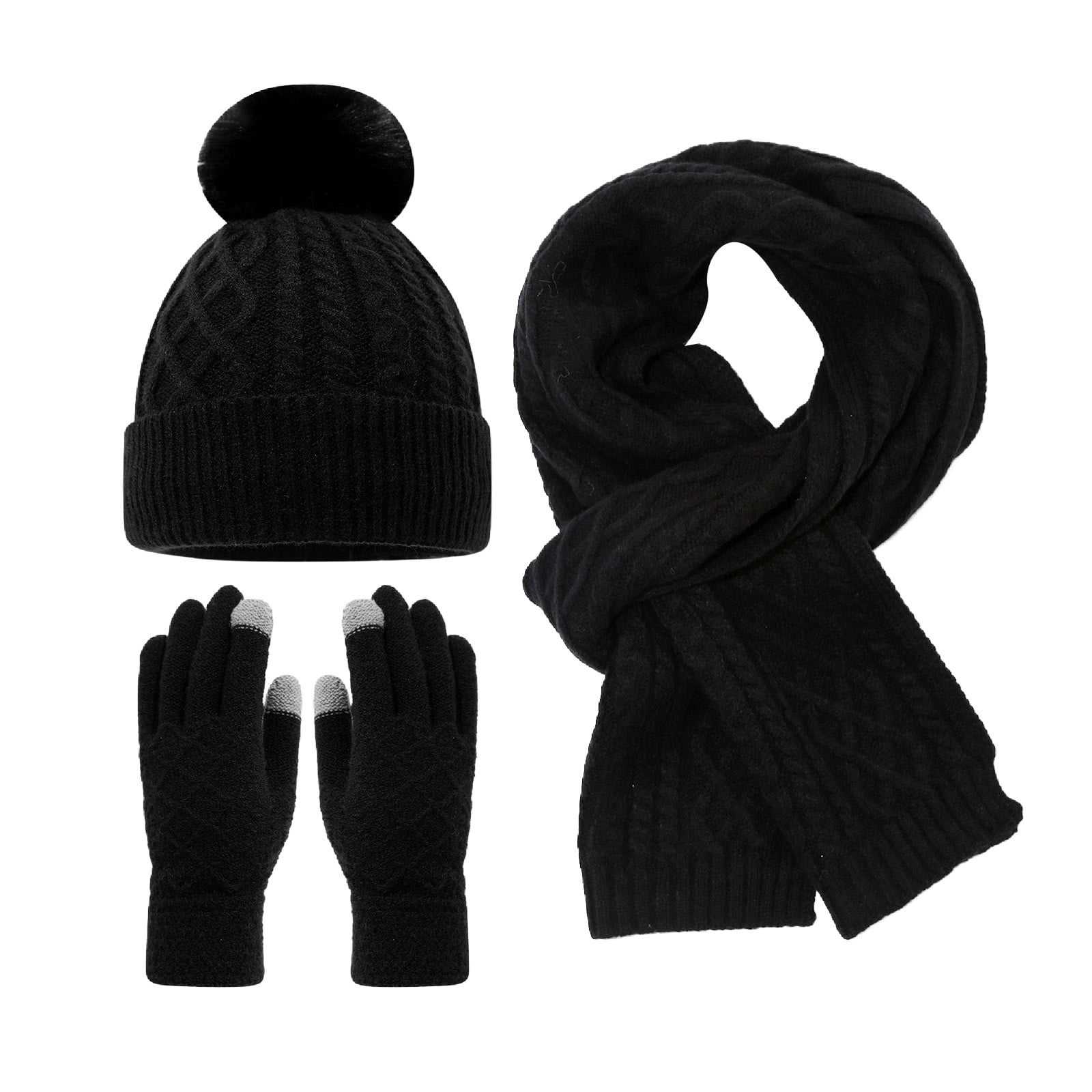 Yuanlong Hats Men Women Plain Cable Knit Scarf & Beanie Cap With Ball 3 ...