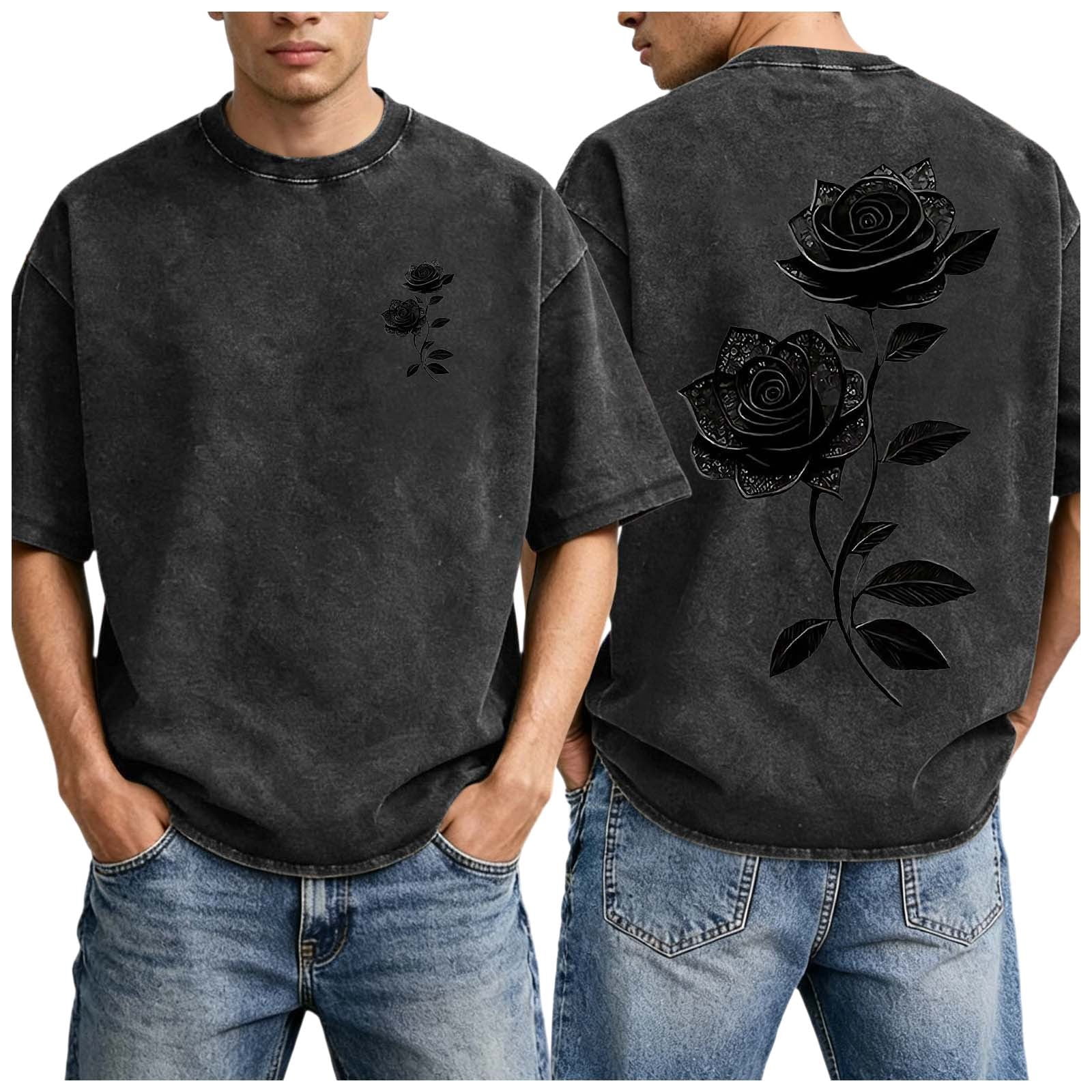 Yuanlong Men's T-Shirts Summer Black Rose Print Short Sleeve Basic Tee ...