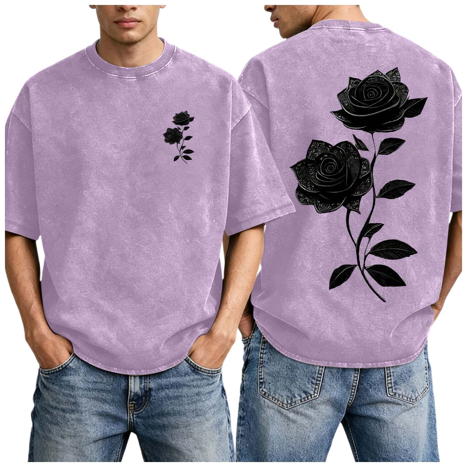 Yuanlong Men's T-Shirts Summer Black Rose Print Short Sleeve Basic Tee ...