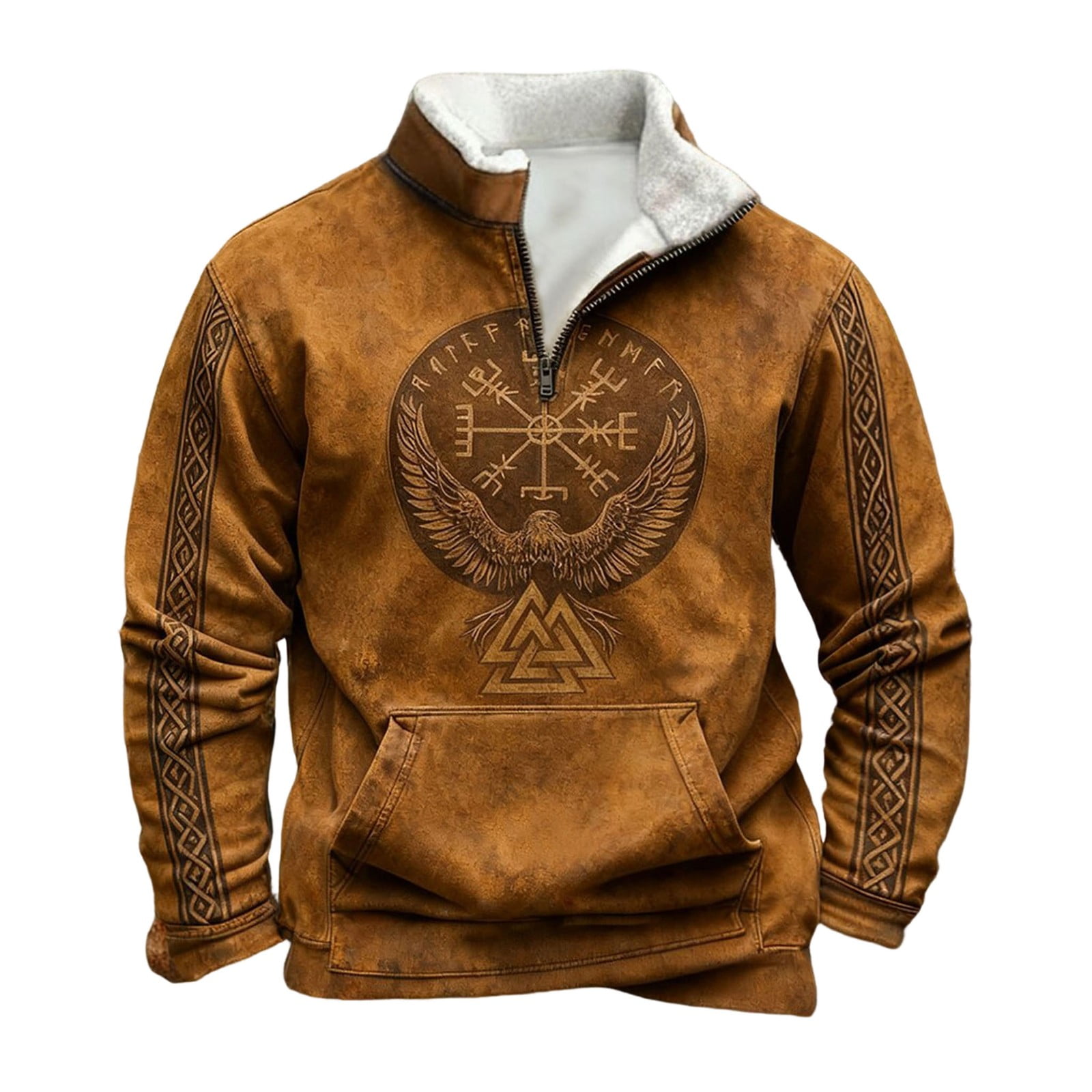 Yuanlong Mens Sweatshirts Brown Quarter Zipper Collar Rune Print Long ...