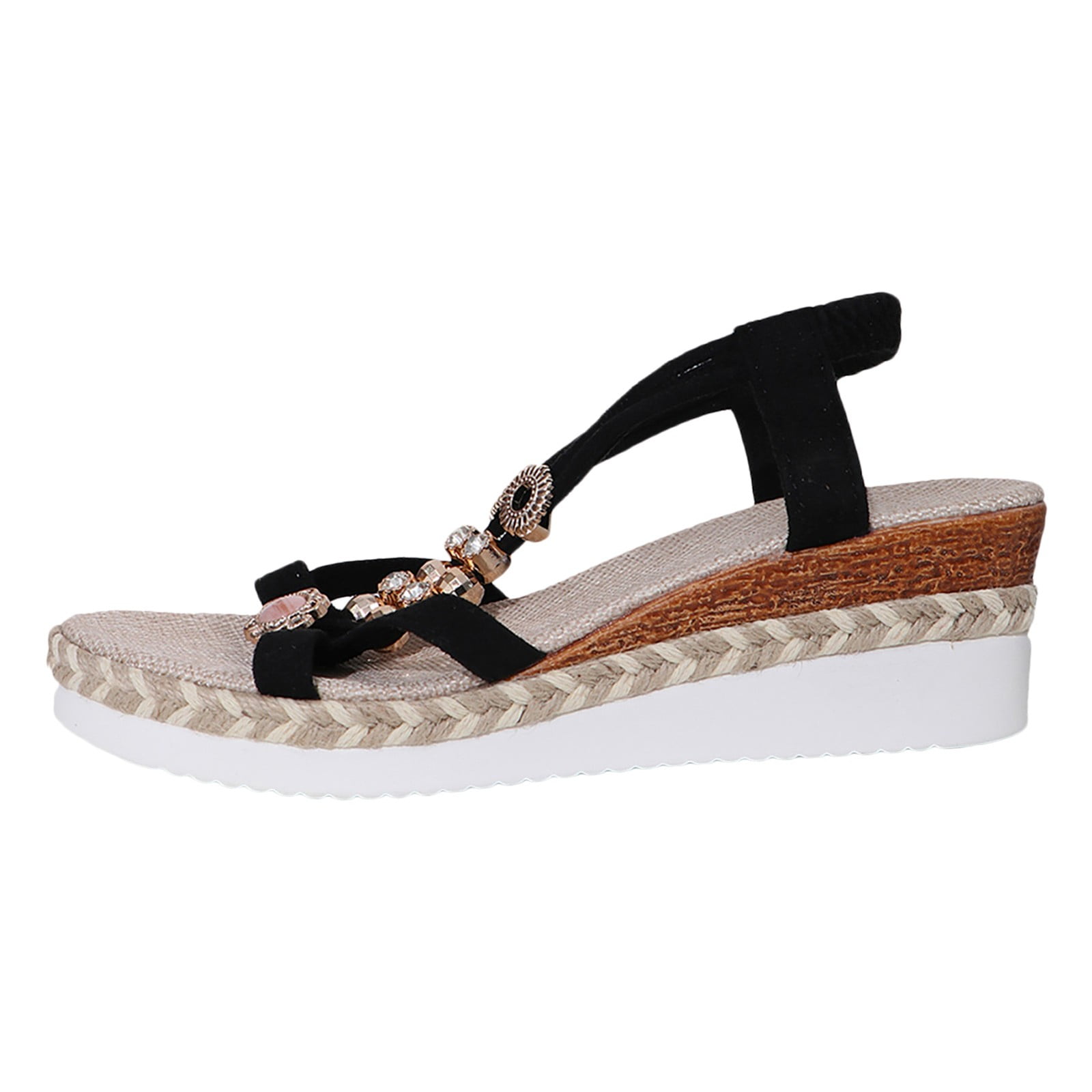Yuanlong Women's Sandals Rhinestones Platform Wedge Sandals T-Strap ...