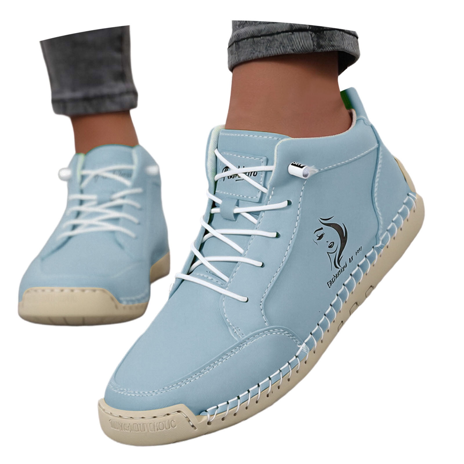Yuanlong Women's Sneakers Synthetic Leather Hand Sewn Mid Top Lace Up ...