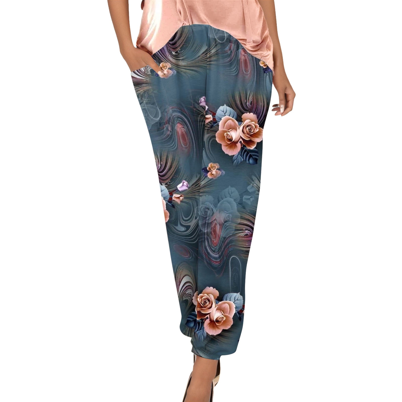 Yuanlong Women's Tapered Pants Printed Pocketed Summer Trousers Solid ...
