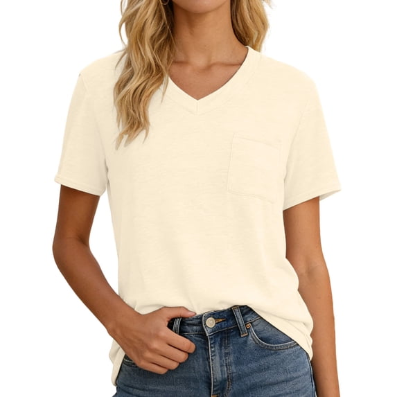 Yuanlong Women's Tshirts V-Neck Short Sleeve Pocketed T Shirt Solid ...