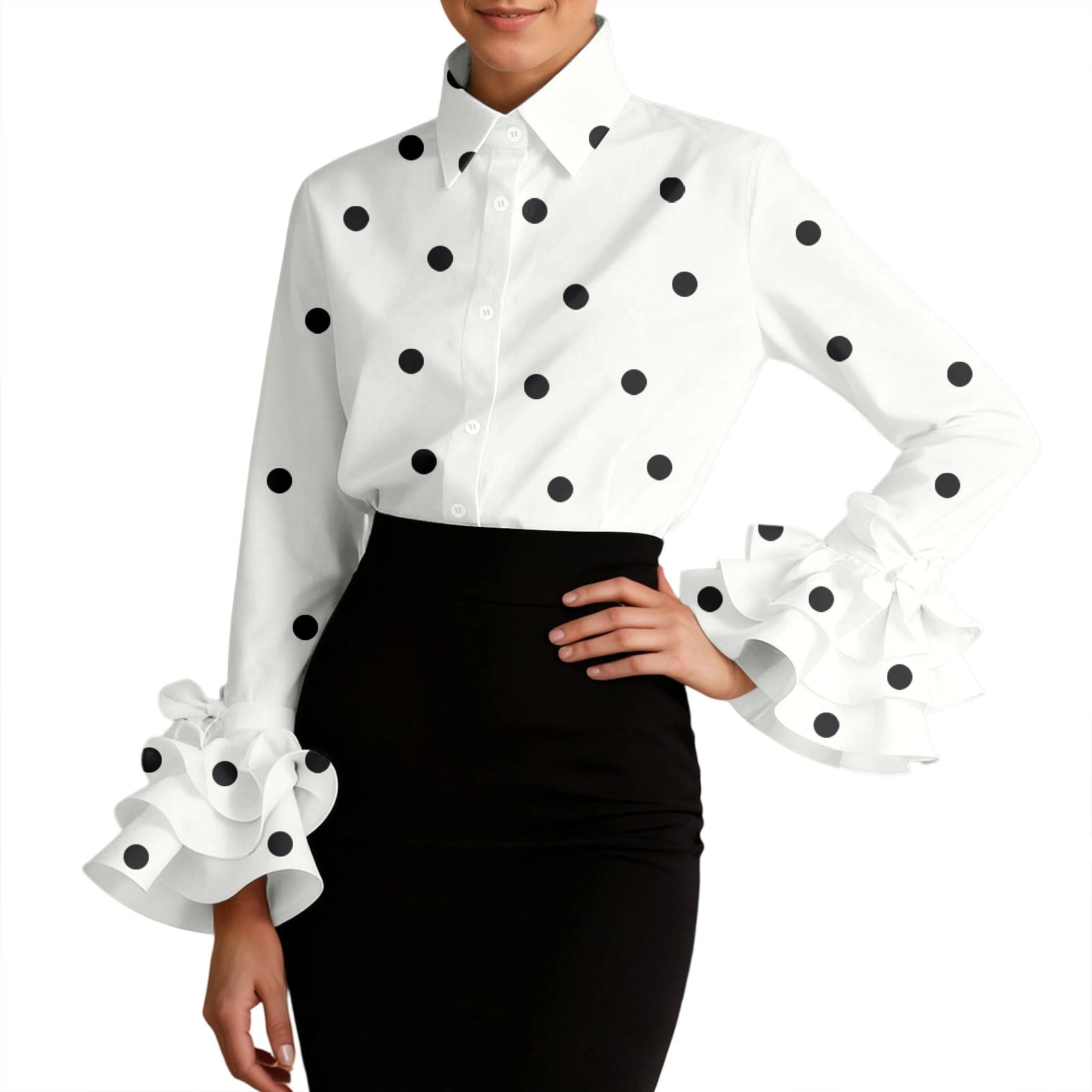 Yuanlong Womens Blouse White Black Polka Dot Long Sleeve Ruffled Flare ...