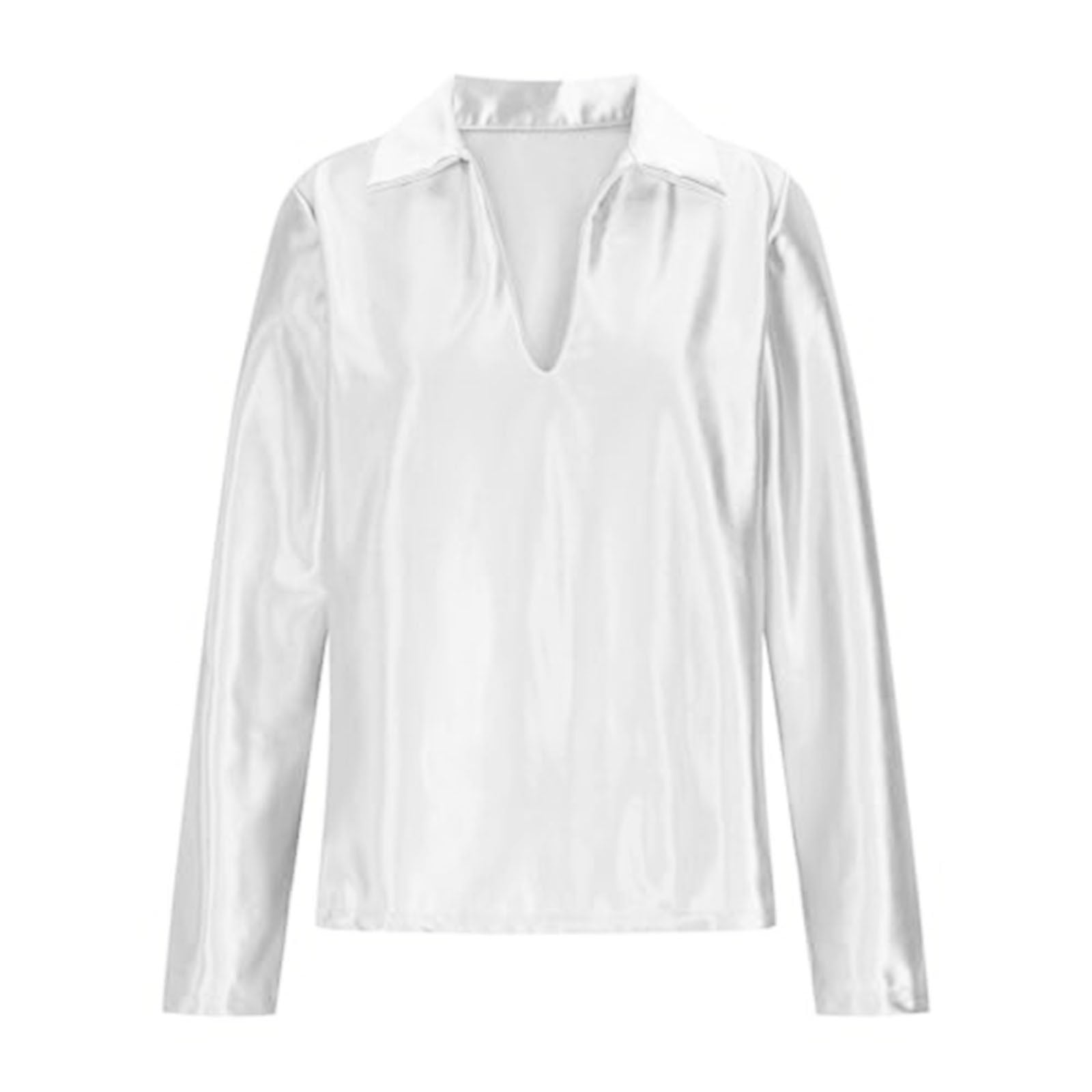 Yuanlong Womens Blouse White Long Sleeve V-Neck Collared Shirts Sleek ...