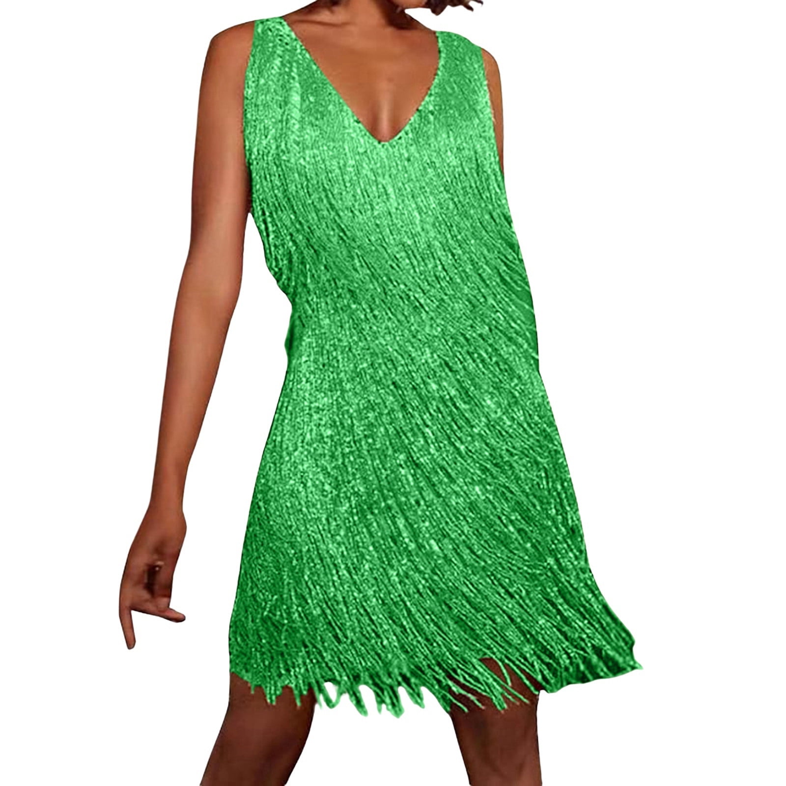 Yuanlong Womens Dresses Deep V Sleeveless Sequin Fringe Mini Dress For ...