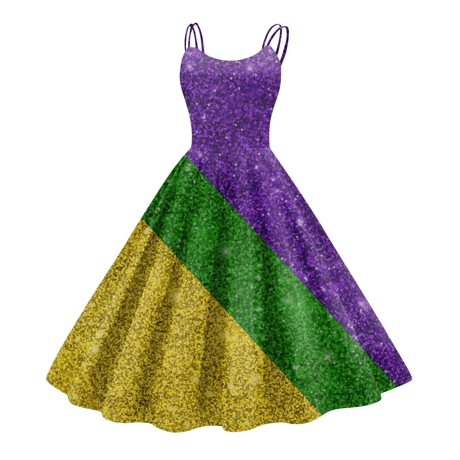 Yuanlong Womens Glitter Dress Spaghetti Strap Color-Block A-Line Maxi ...
