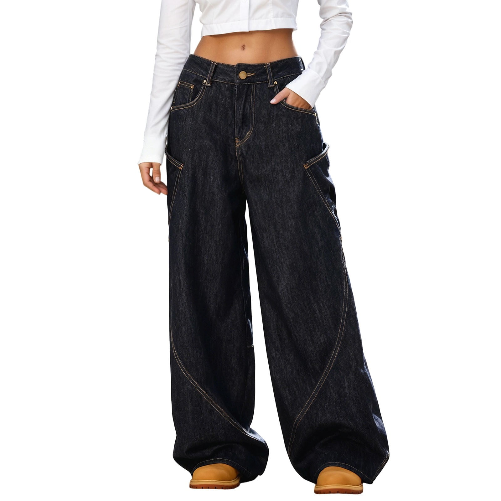 Yuanlong Womens Jeans Asymmetrical Stitch Mid Waist Wide Leg Denim ...
