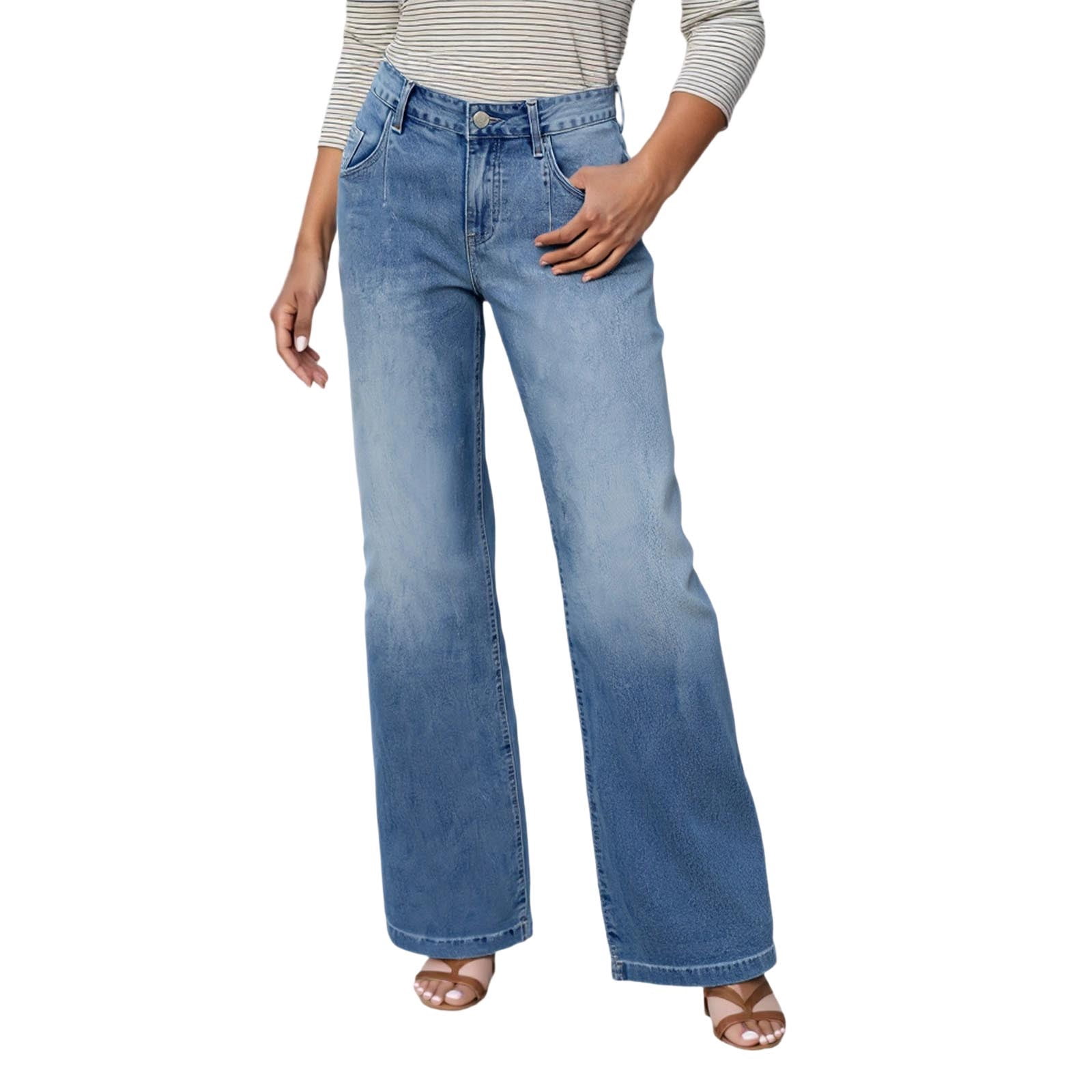 Yuanlong Womens Jeans Color Blocked High Waist Straight Wide Leg Denim ...