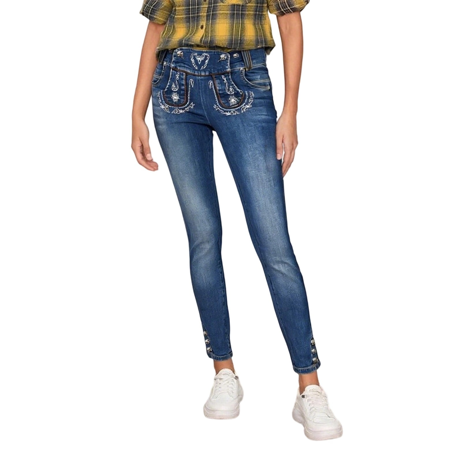 Yuanlong Womens Jeans Washed Embroidered High Waisted Straight Slim ...