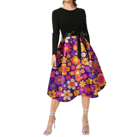 Yuanlong Womens Long Sleeve Dresses Purple Floral Round Neck Bow Belt ...