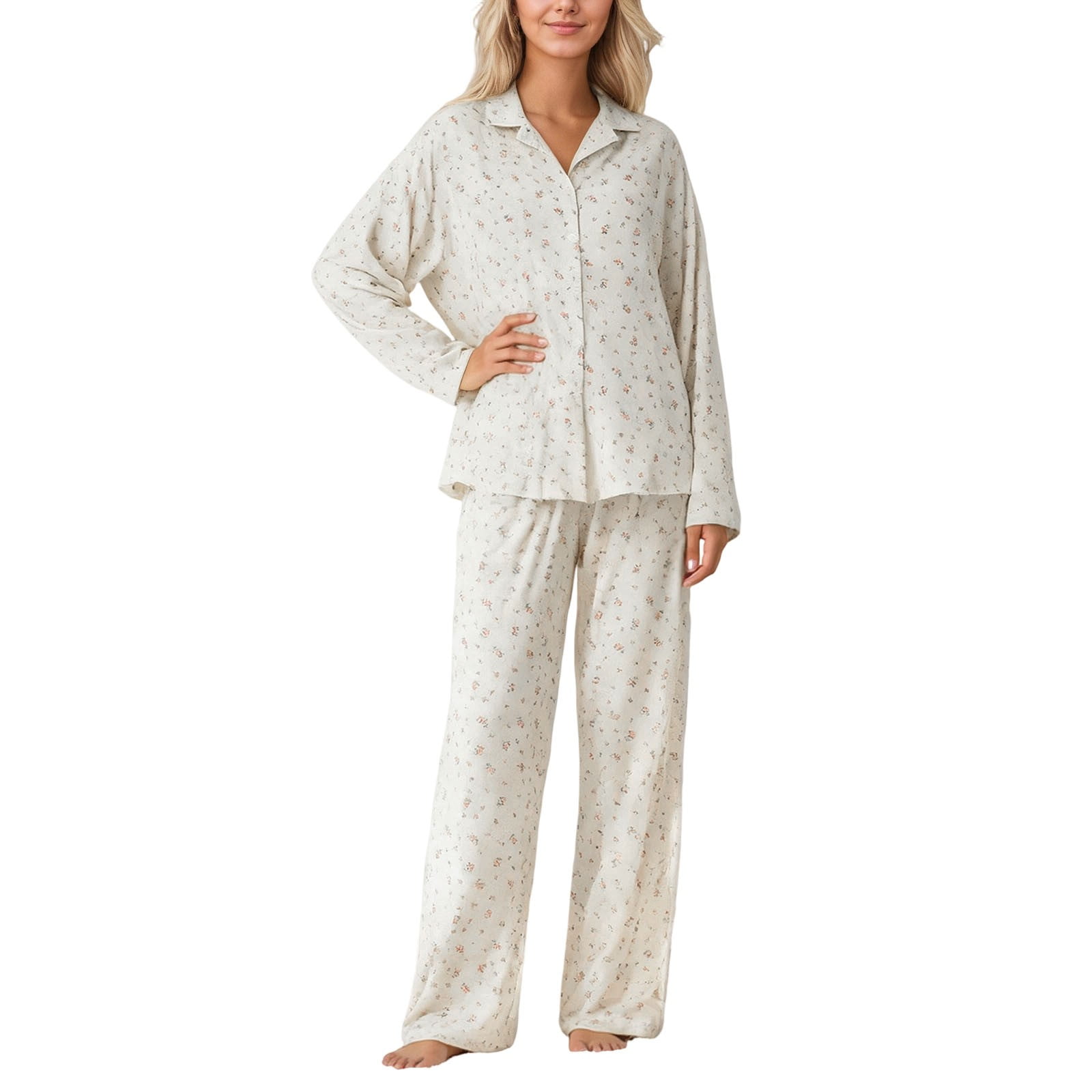 Yuanlong Womens Pajama Set 2-Piece Long Sleeve Collared Shirts & Pants ...
