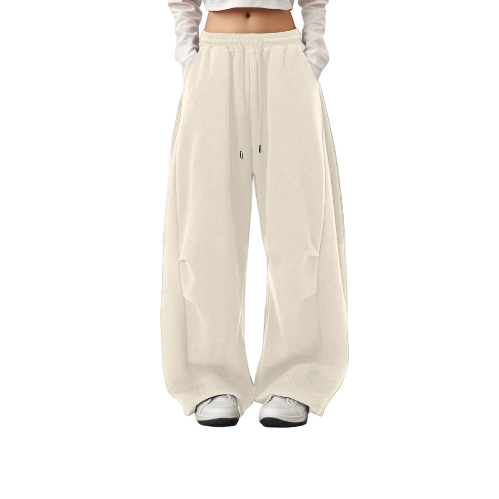 Yuanlong Womens Pants Elastic Waist Wide Leg Curved Hem Relaxed Fit ...