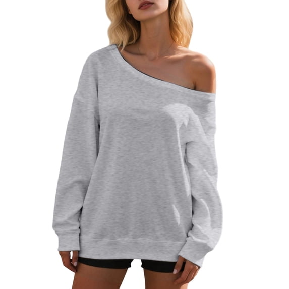 Yuanlong Womens Sweatshirts Off-Shoulder Plain Long Sleeve Sweatshirt ...