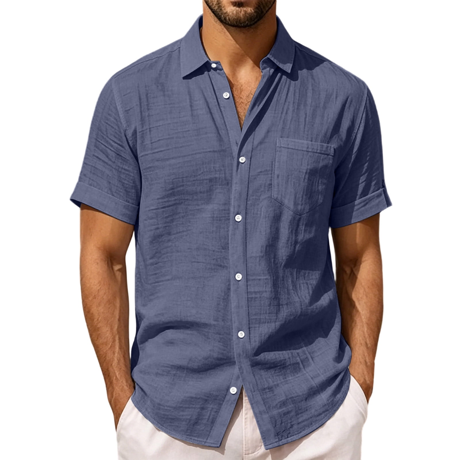Yuanlook Men's Basic Fine Grid Short Sleeve Button Shirt, Point Collar ...