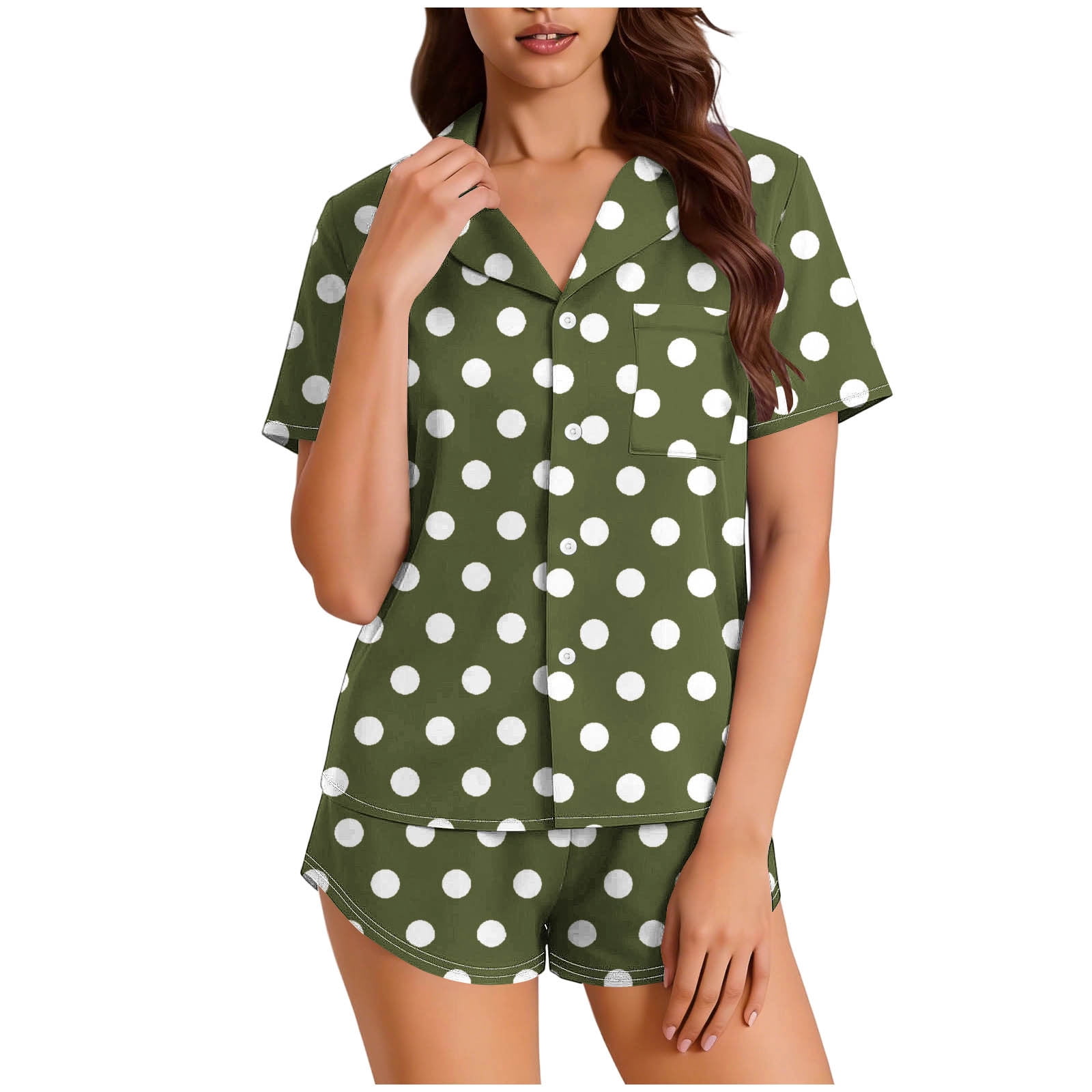 Yuanlook Women's Comfort Polka Dot Nightwear Set, Button-Up Top ...