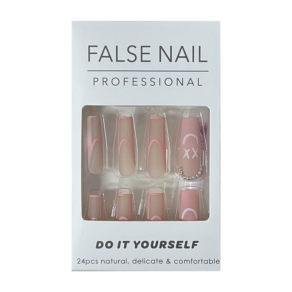 Yuanmo Long Square False Nail, Full Cover Press on Nail, Pink, Smiley ...