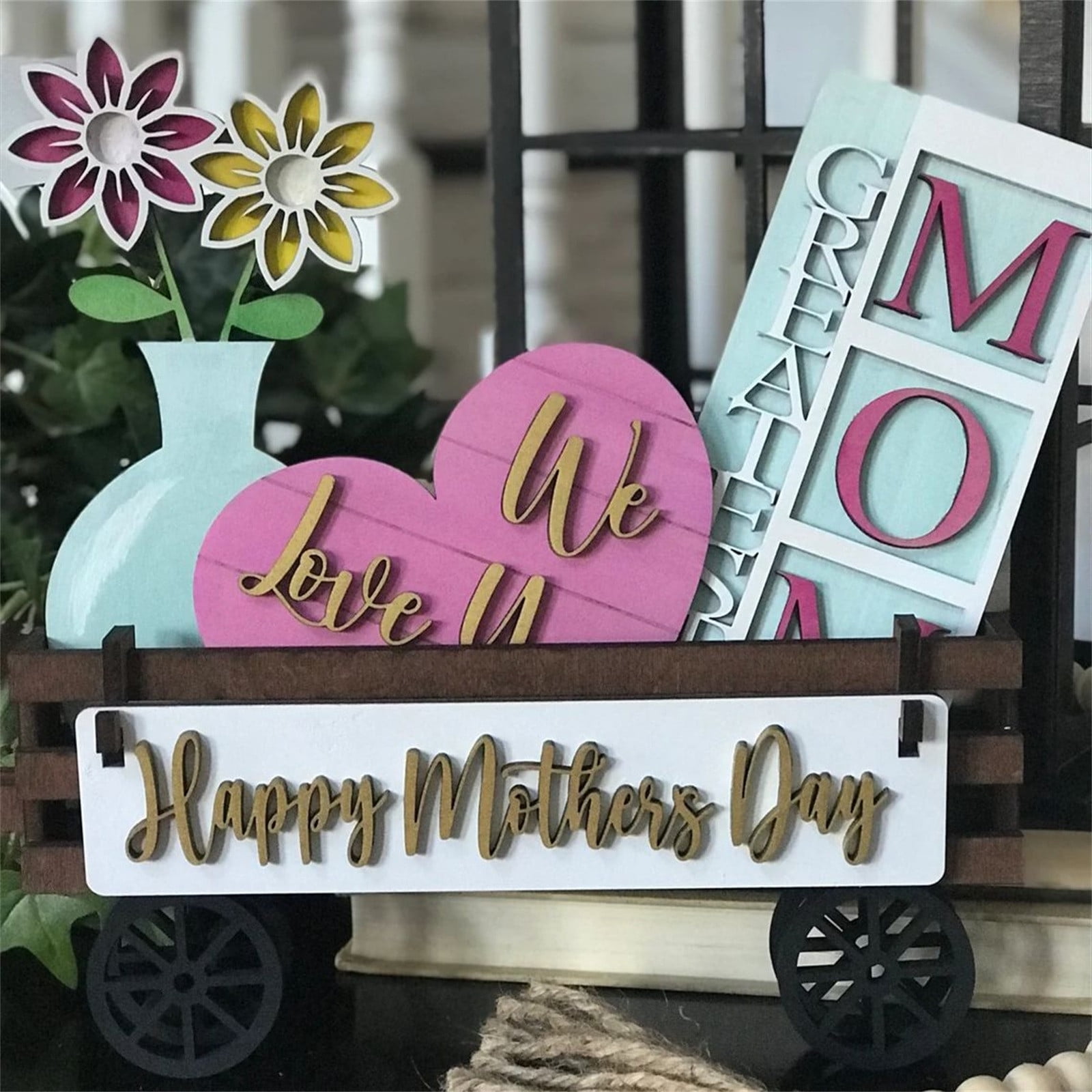 Yubatuo Home Decor for Mothers Day, 4 Pcs Mother's Day Wooden Tiered ...