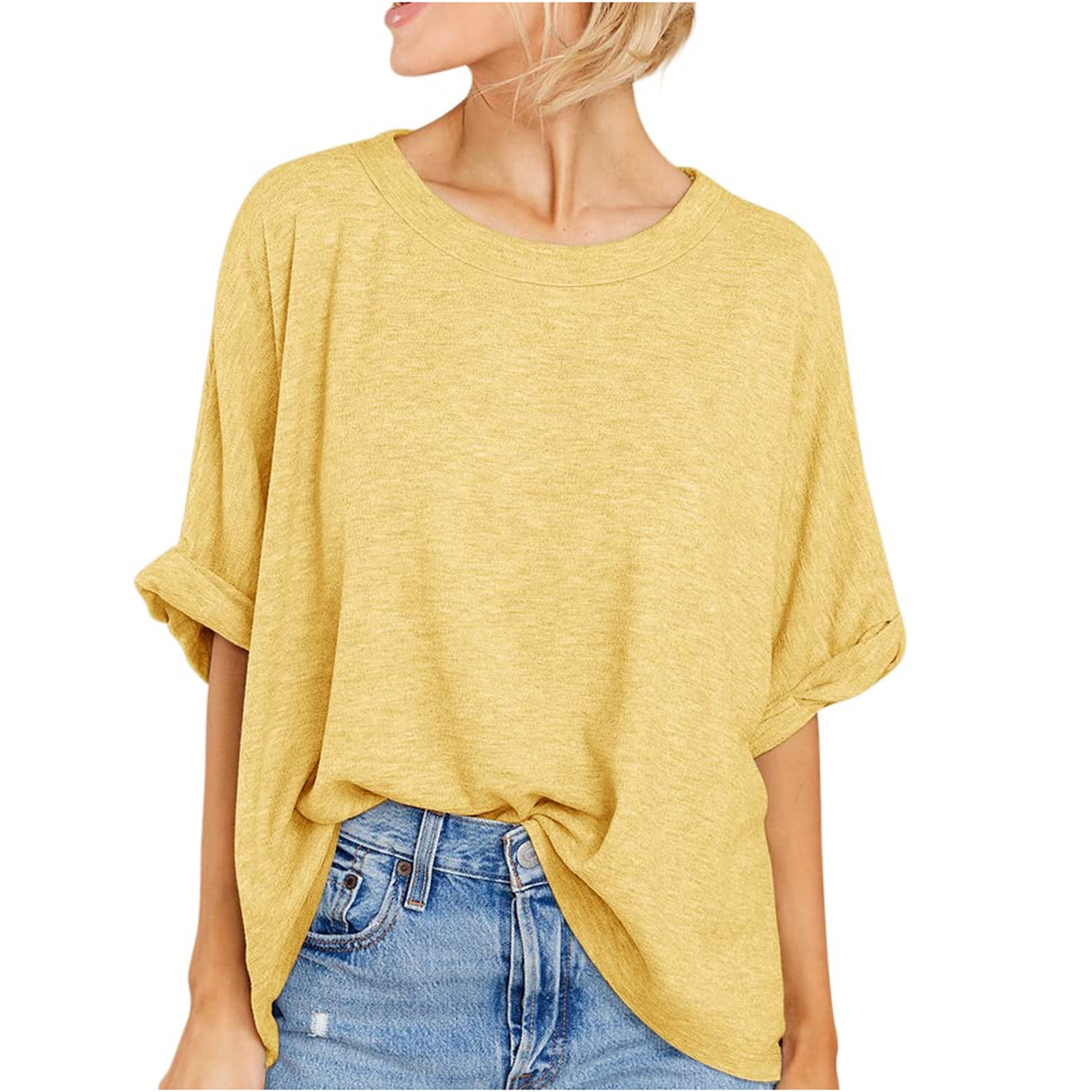 Yubatuo Women's Summer Elbow-Length Crew Neck T Shirt Casual Solid ...