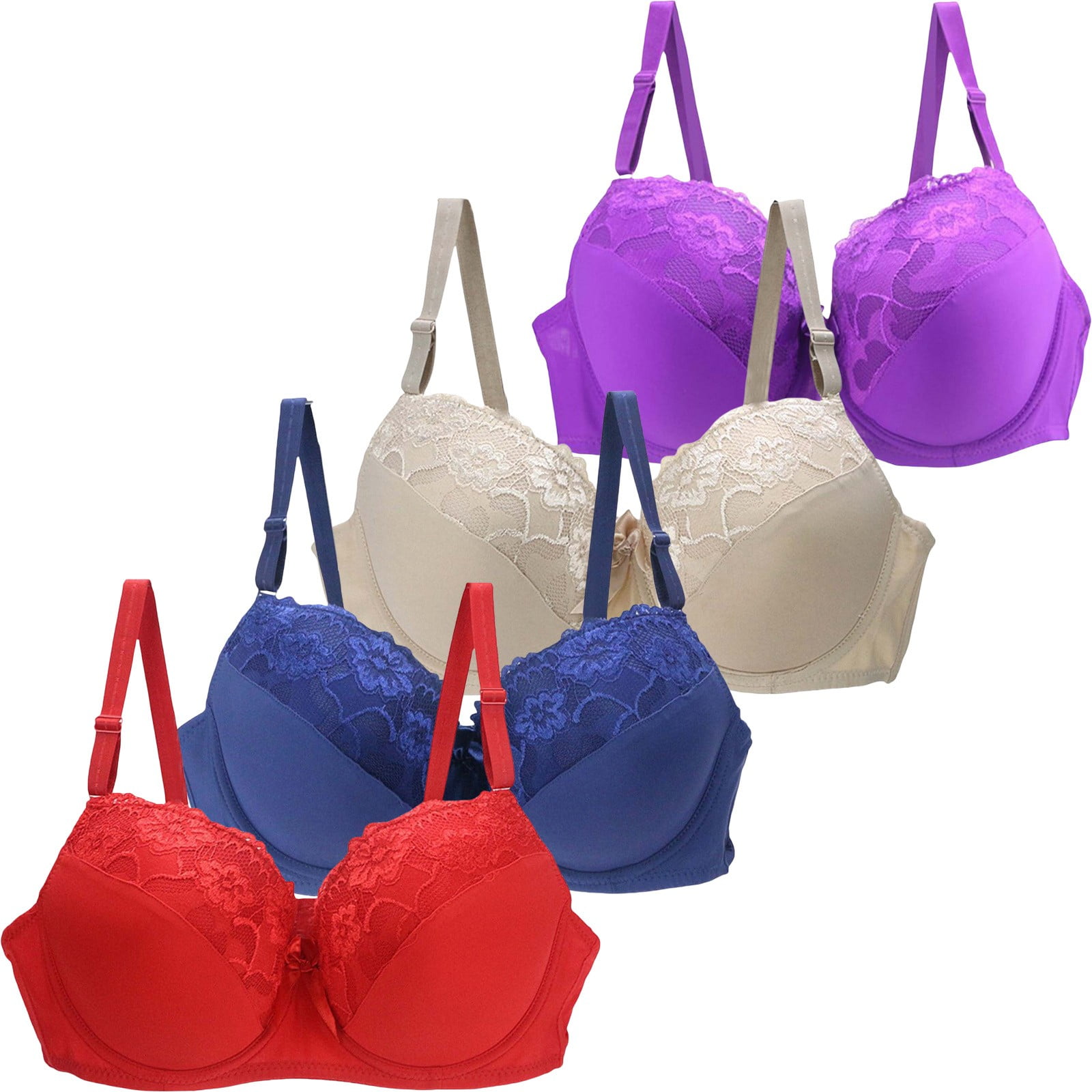 Yubnlvae 4-Pack Plus Size Lace Underwire Bras - Sexy Push-Up Lingerie 34-44 B-Dd Cup Watermelon ...