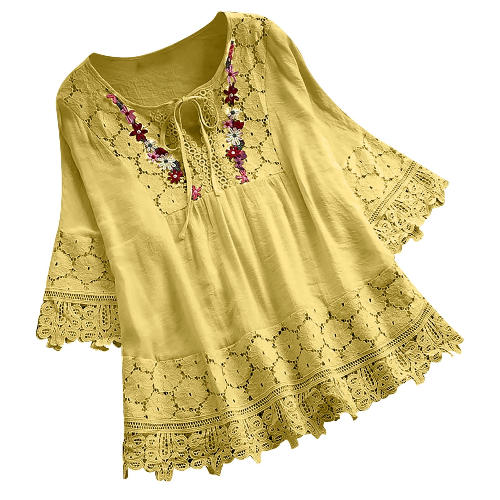Yubnlvae Vintage Lace Panel Blouse | 2024 Bow-Accent Quarter Sleeve Top ...