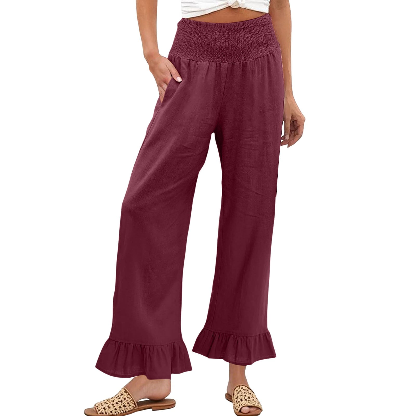 Yubnlvae Women's Linen Palazzo Pants - Summer High Waist Flowy Wide Leg Trousers with Ruffle Hem ...