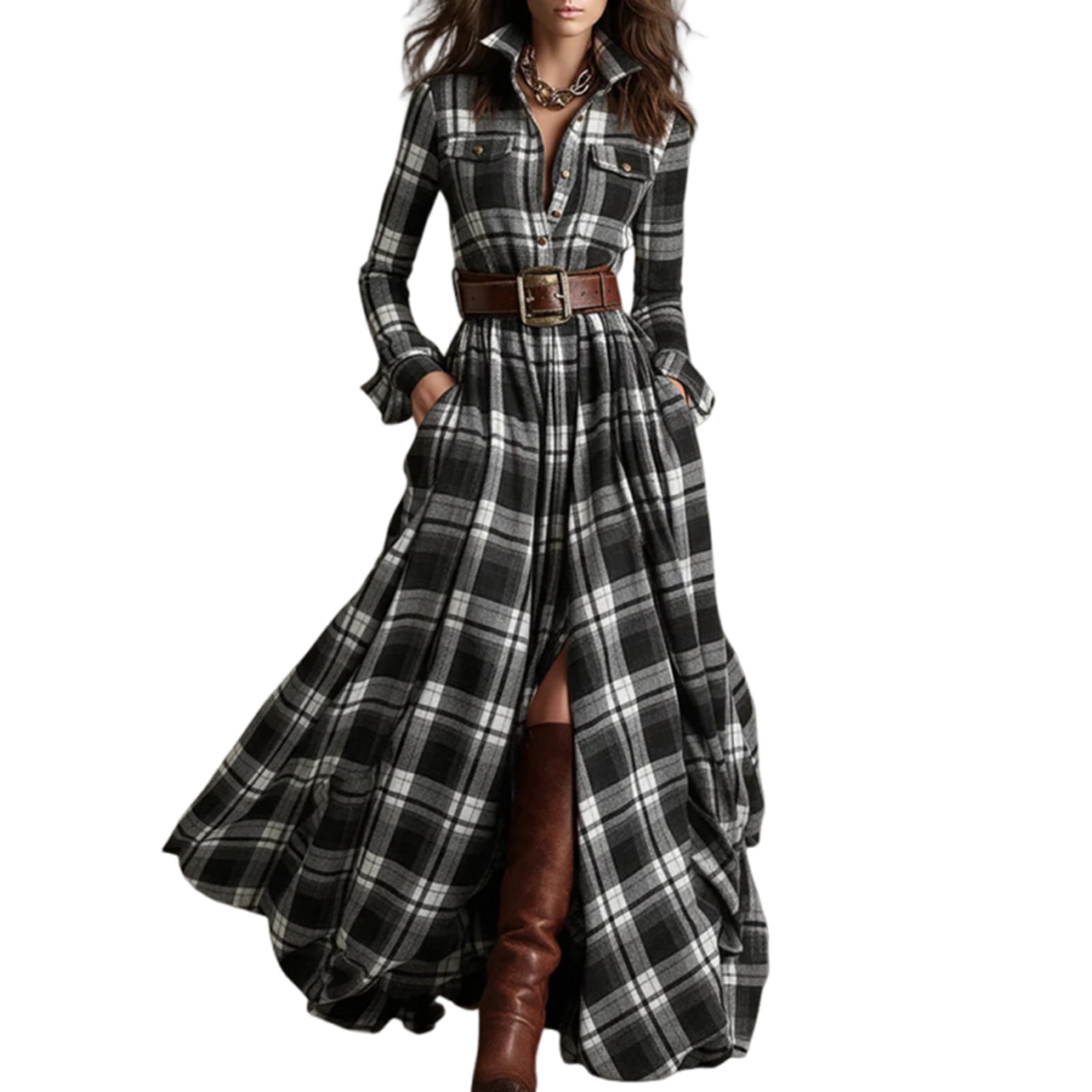 Yucgh Women's French Vintage Check Waist Cinching Slim Fit Dress ...