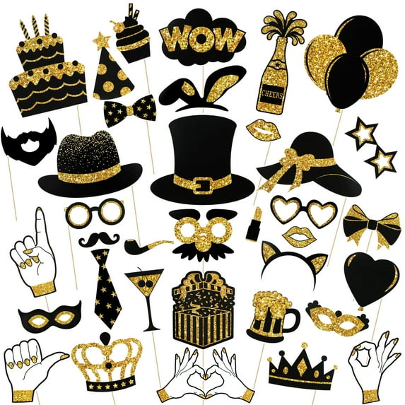 Yucurem 36Pcs Gold and Black Photo Booth Props Party Photo Booth Props ...