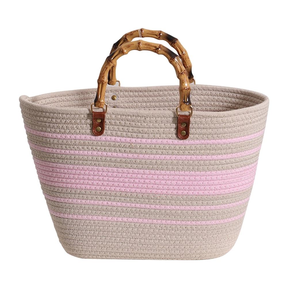 Yucurem Fashion Beach Bags Bamboo Handle Cotton Woven Tote Striped for ...
