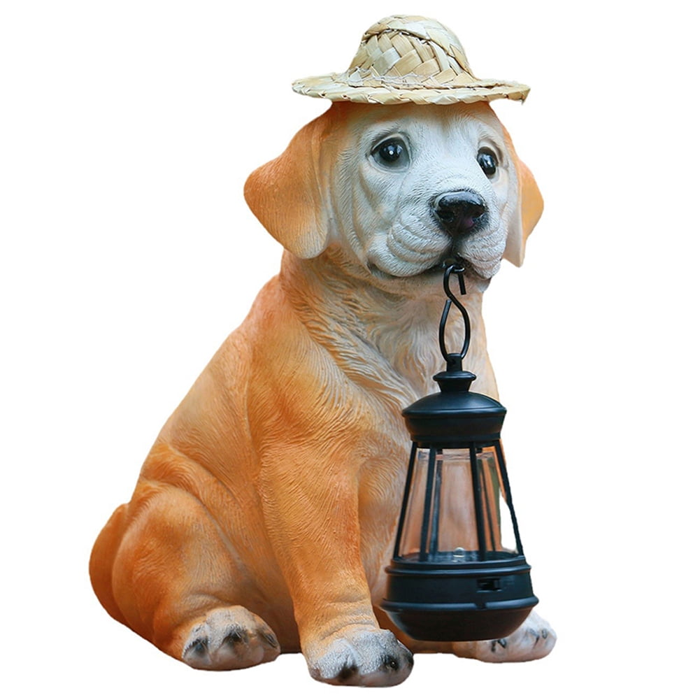 Yucurem Resin Garden Dog Statues With Straw Hat Solar Led Lantern ...