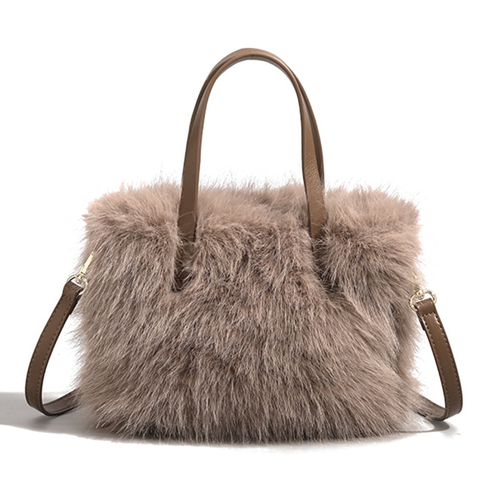 Yucurem Women Faux Fur Shoulder Bag Fluffy Mini Tote Bag Satchel Purse ...