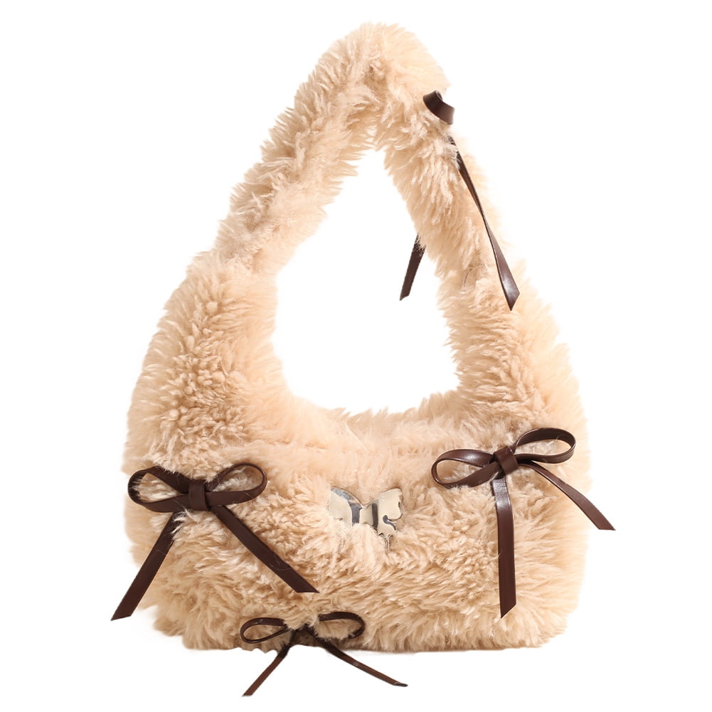 Yucurem Women Plush Shoulder Bag Bow Underarm Bag Fluffy Purse Zipper ...