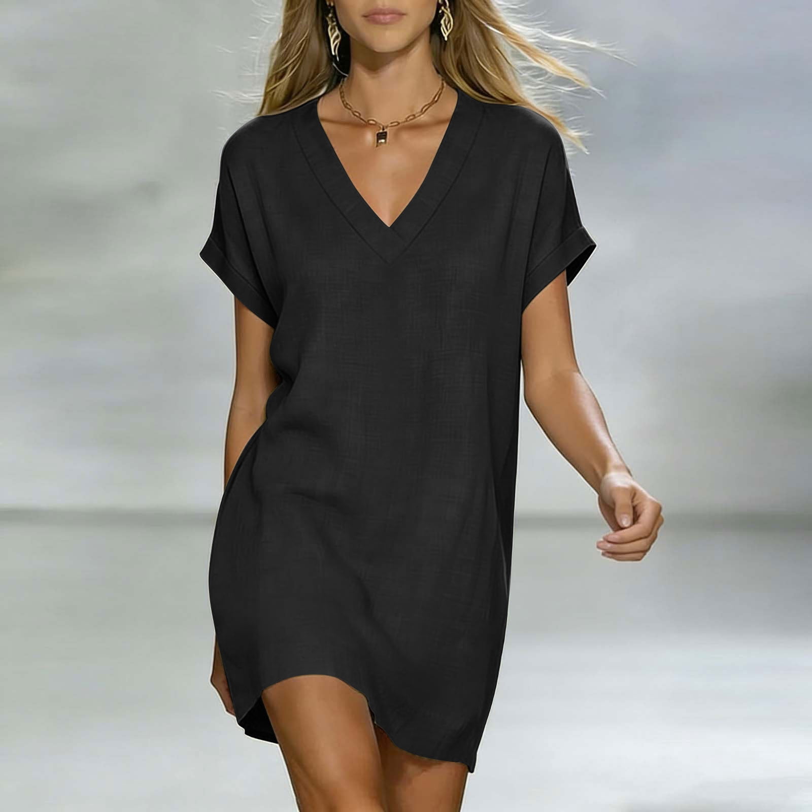 YueHuiYing Fresh and Airy V-Neck Short Sleeve Relaxed Fit Mini Dress ...