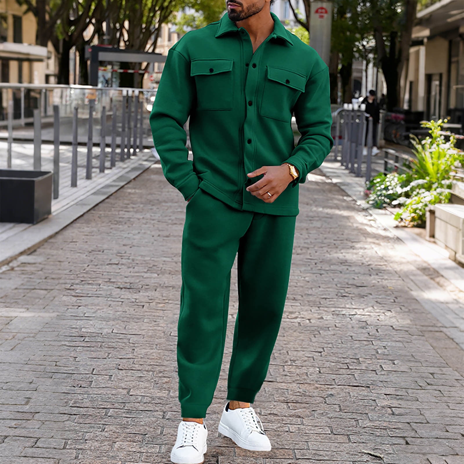 YueHuiYing Men's Cargo Jacket Tracksuit Set 2 Pieces Solid Color Long ...