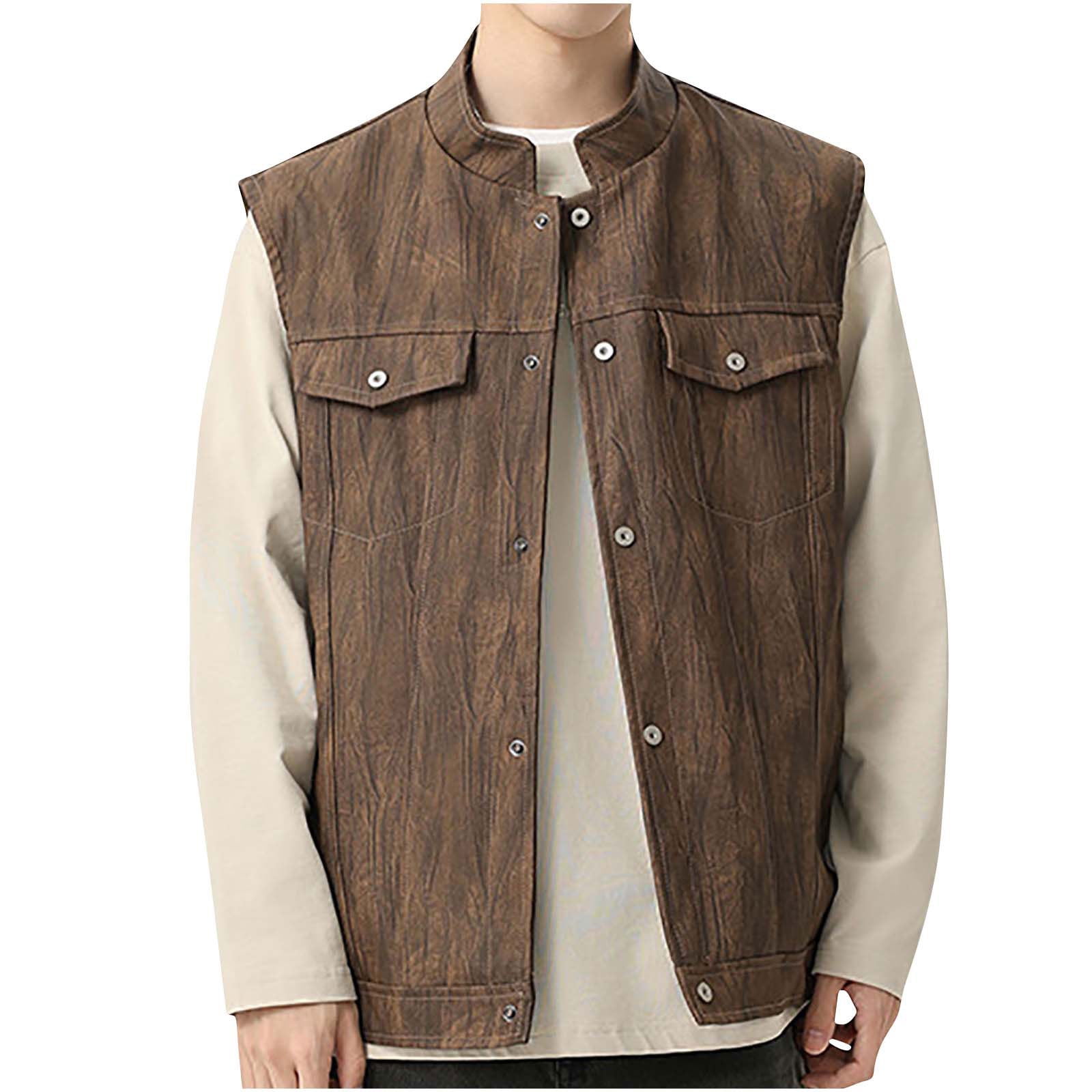 YueHuiYing Men's Solid-Color Motorcycle Round-neck Artificial Leather ...