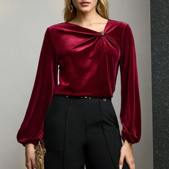 YueHuiYing Women's Fashion Solid-Color Velvet Pleated Long-Sleeve Top ...