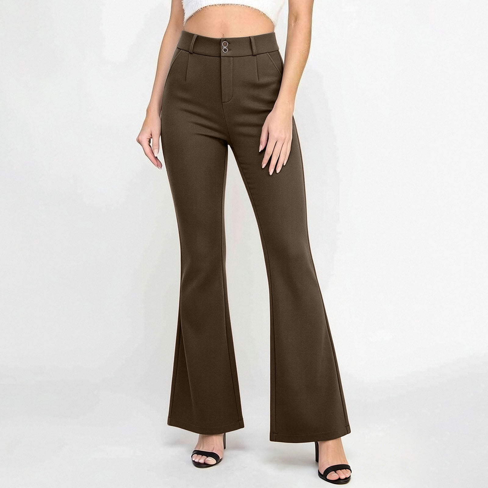 YueHuiYing Women's High Rise Double Button Flare Dress Pants - Stretchy ...