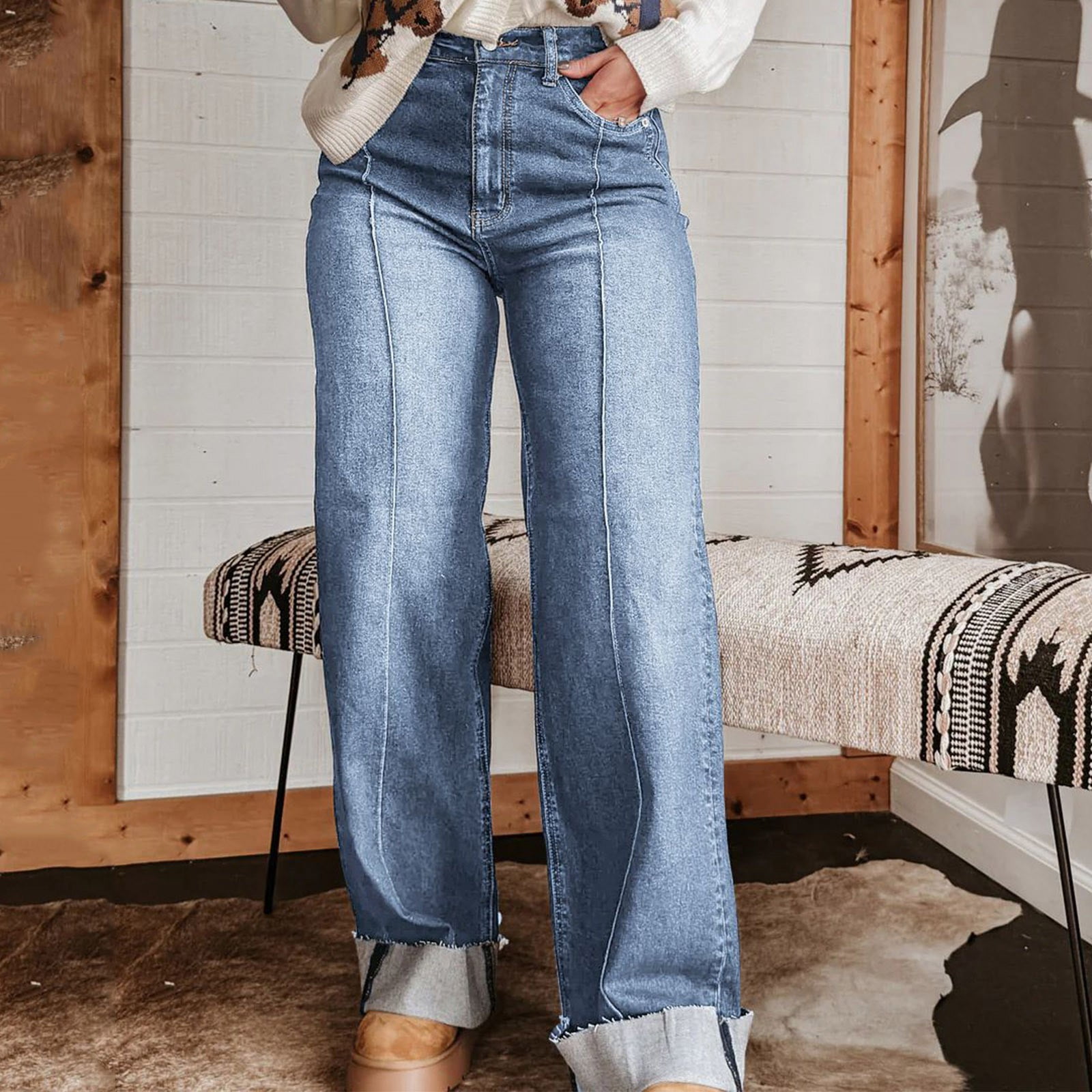 YueHuiYing Women's High Rise Straight Leg Jeans with Cuffed Hem ...