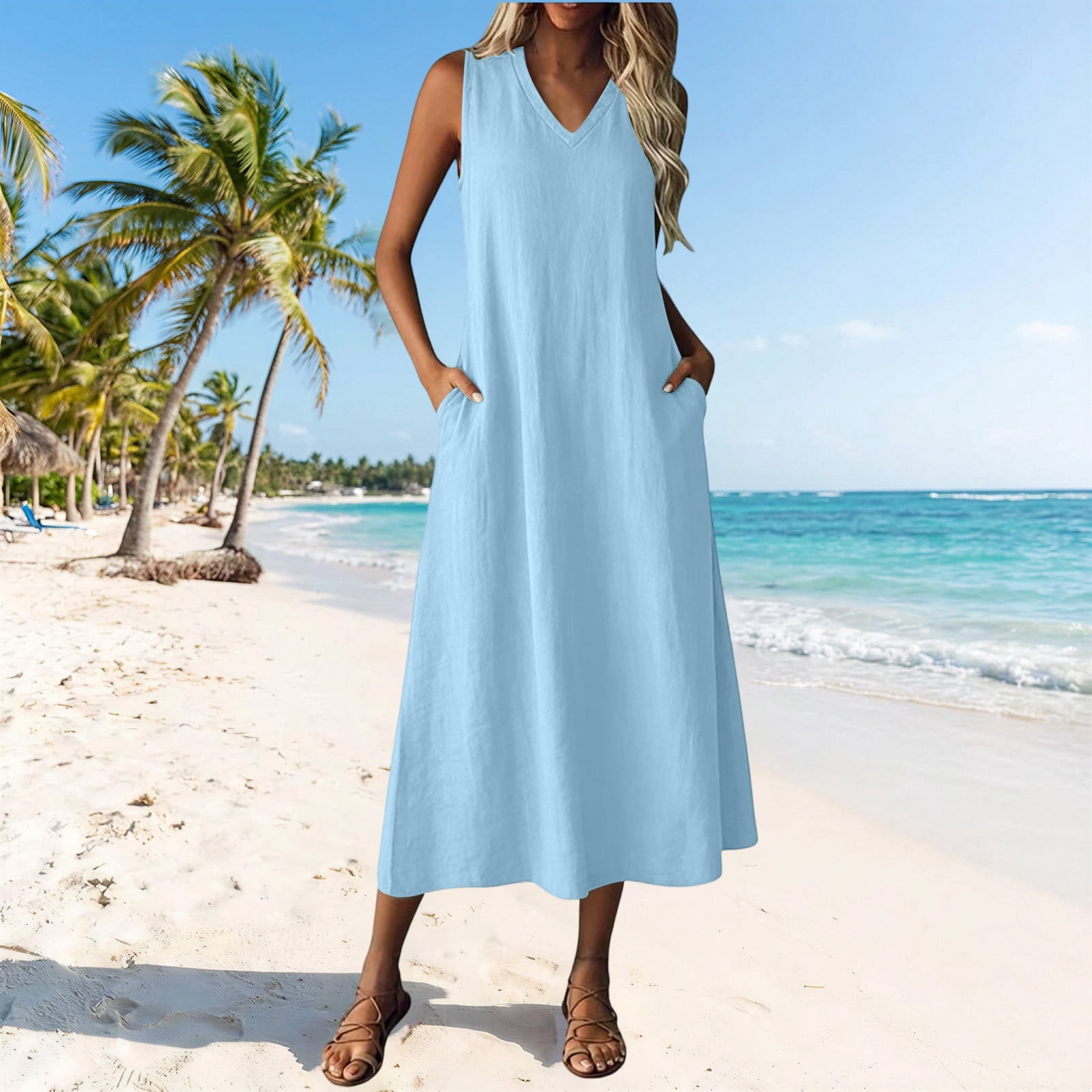 YueHuiYing Women's Loose Fit Shirt-Style Midi Dress with V-Neck and ...